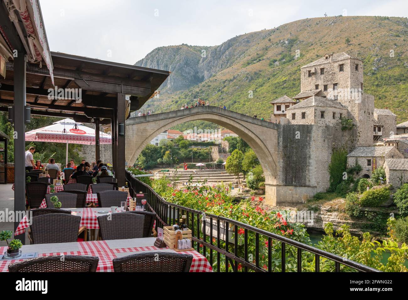 Outdoor restaurant with a view at Stari Most bridge in old town of ...