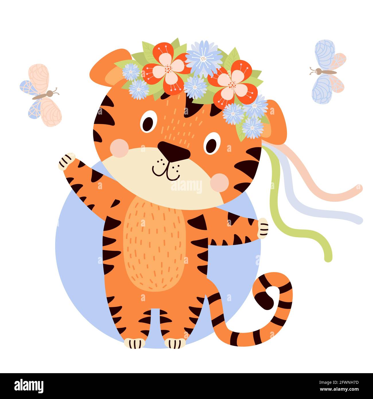 Cute tiger cub with a floral wreath with colorful ribbons on his head ...