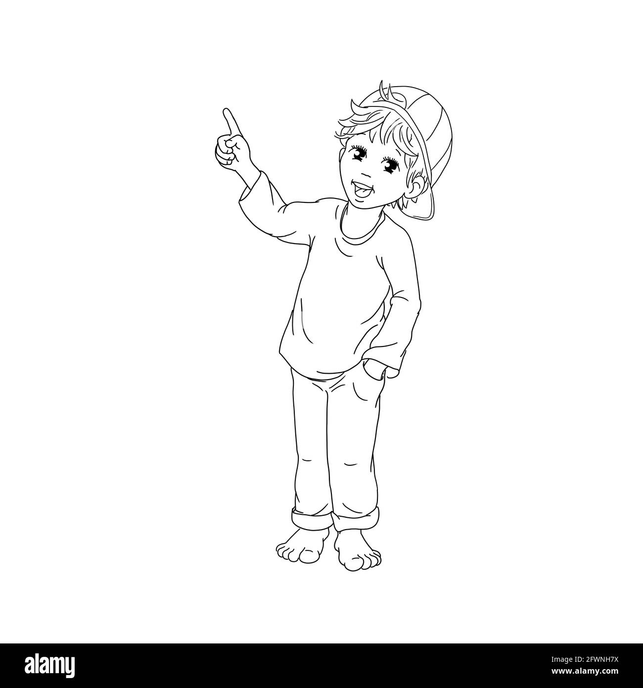 Young toddler with cap stands smiling barefoot student teenager ...