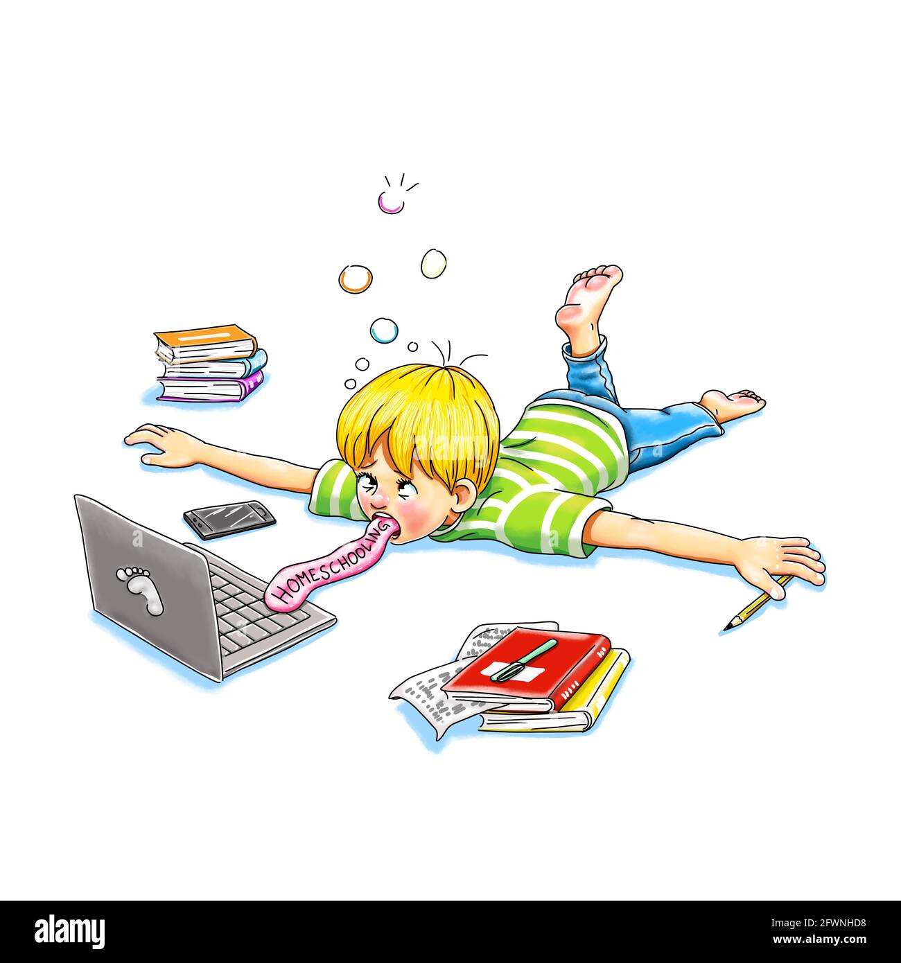 Pupil child boy lies barefoot annoyed overworked stretched out on the ...