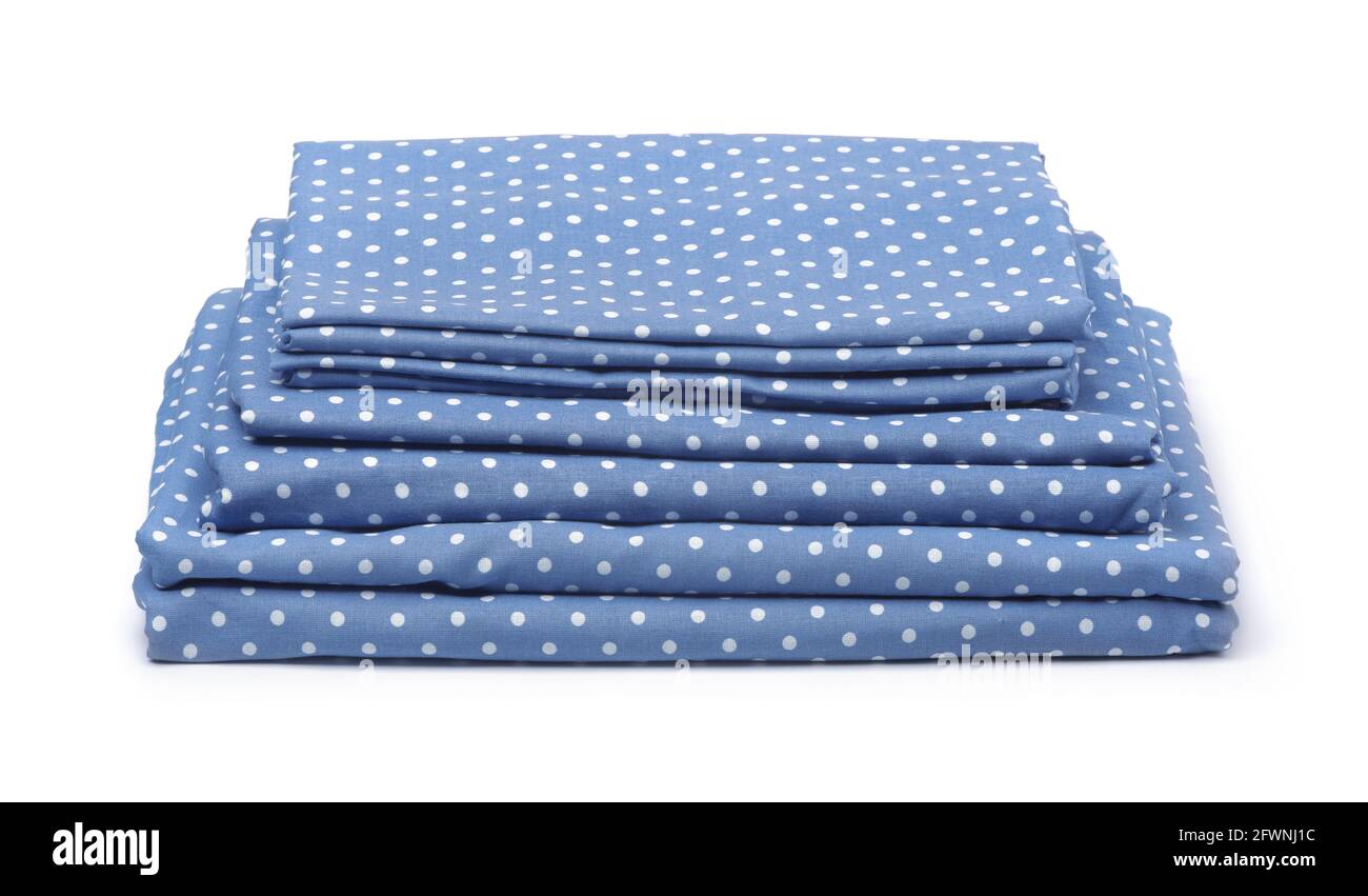 Front view of folded blue cotton bedding set isolated on white Stock ...