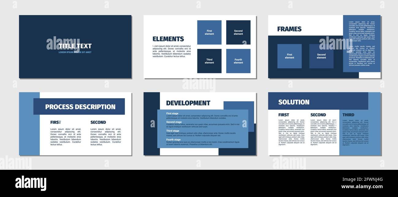 Presentation template. Blue rectangles flat design, white background. 6 ...