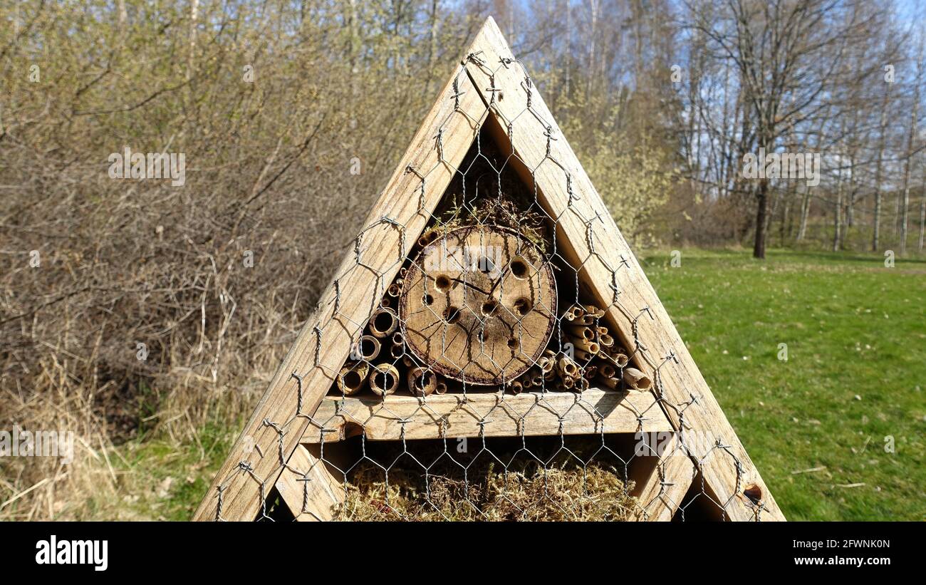 Insect hotel. Wooden structure filled with natural material ready to ...