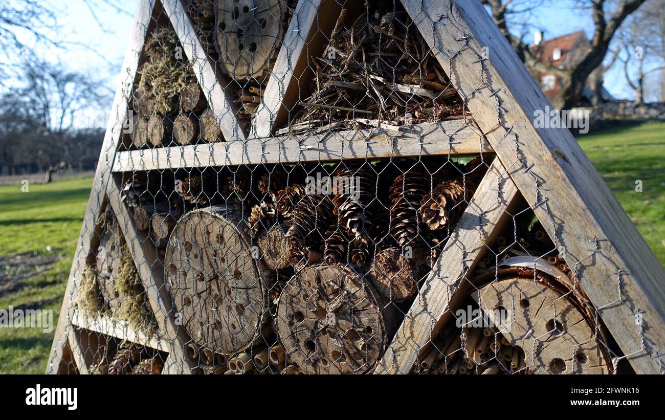 Insect hotel. Wooden structure filled with natural material ready to ...