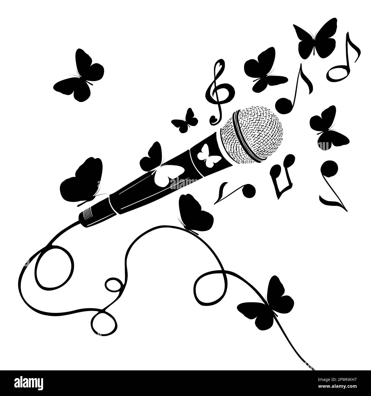 Mic vector icon. Microphone with butterflies and notes. Vocal ...