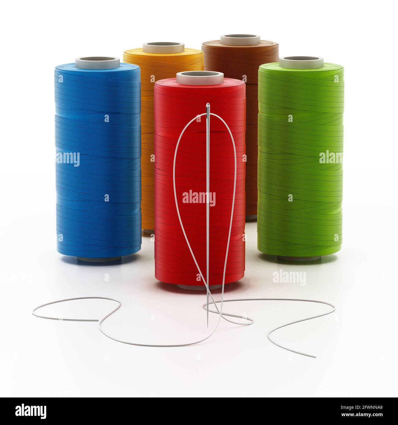 Nylon sewing threads and needle isolated on white background. 3D ...