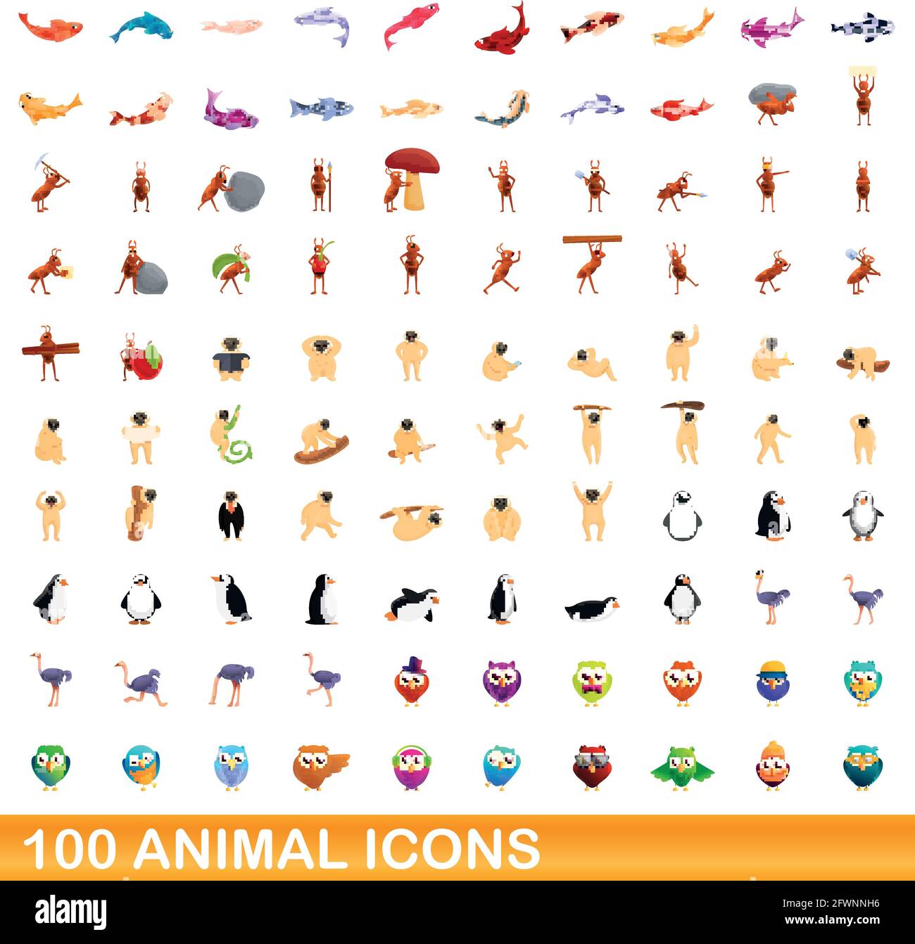 100 animal icons set. Cartoon illustration of 100 animal icons vector ...