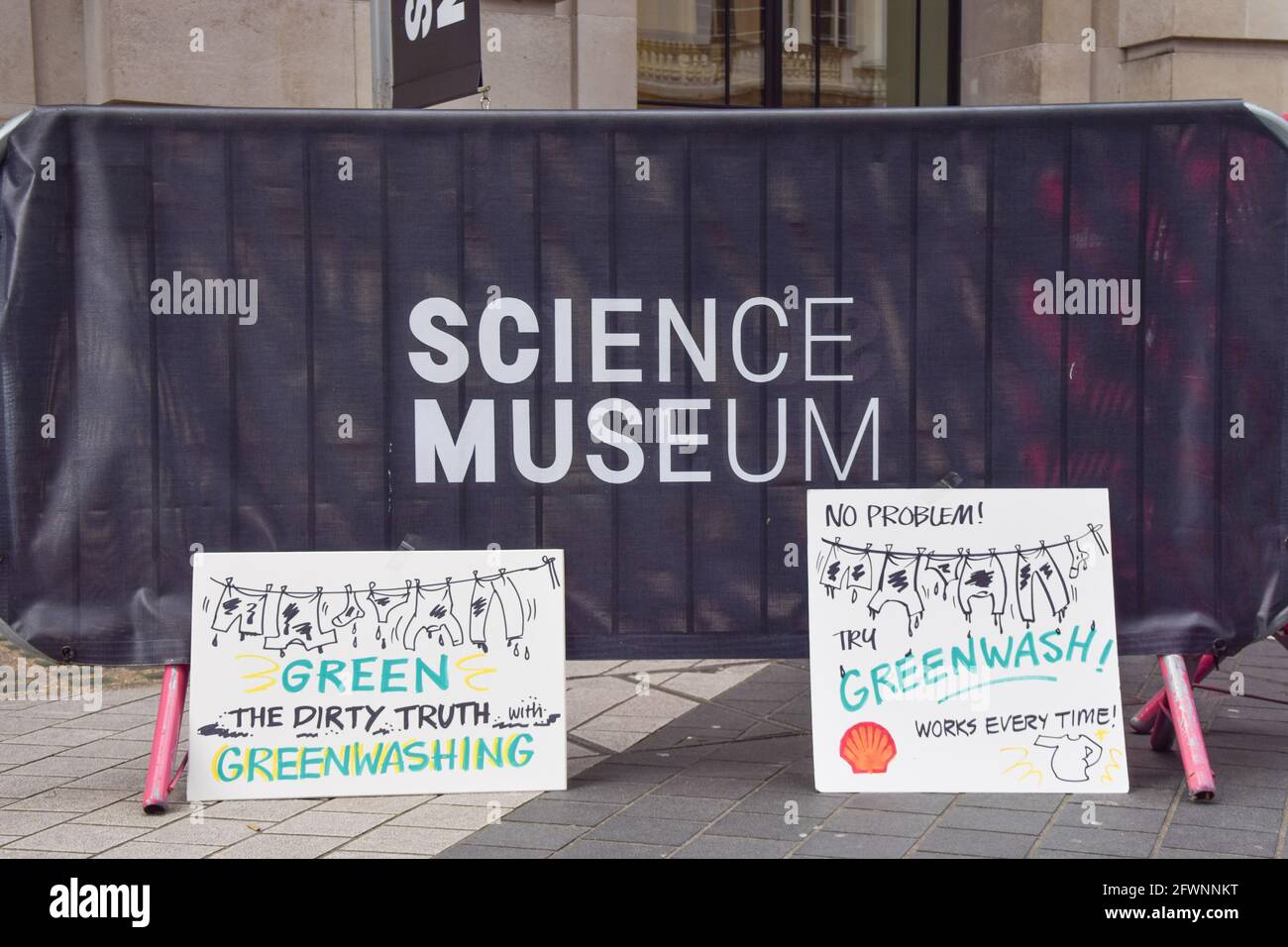 London, United Kingdom. 19th May 2021. Placards outside the Science ...