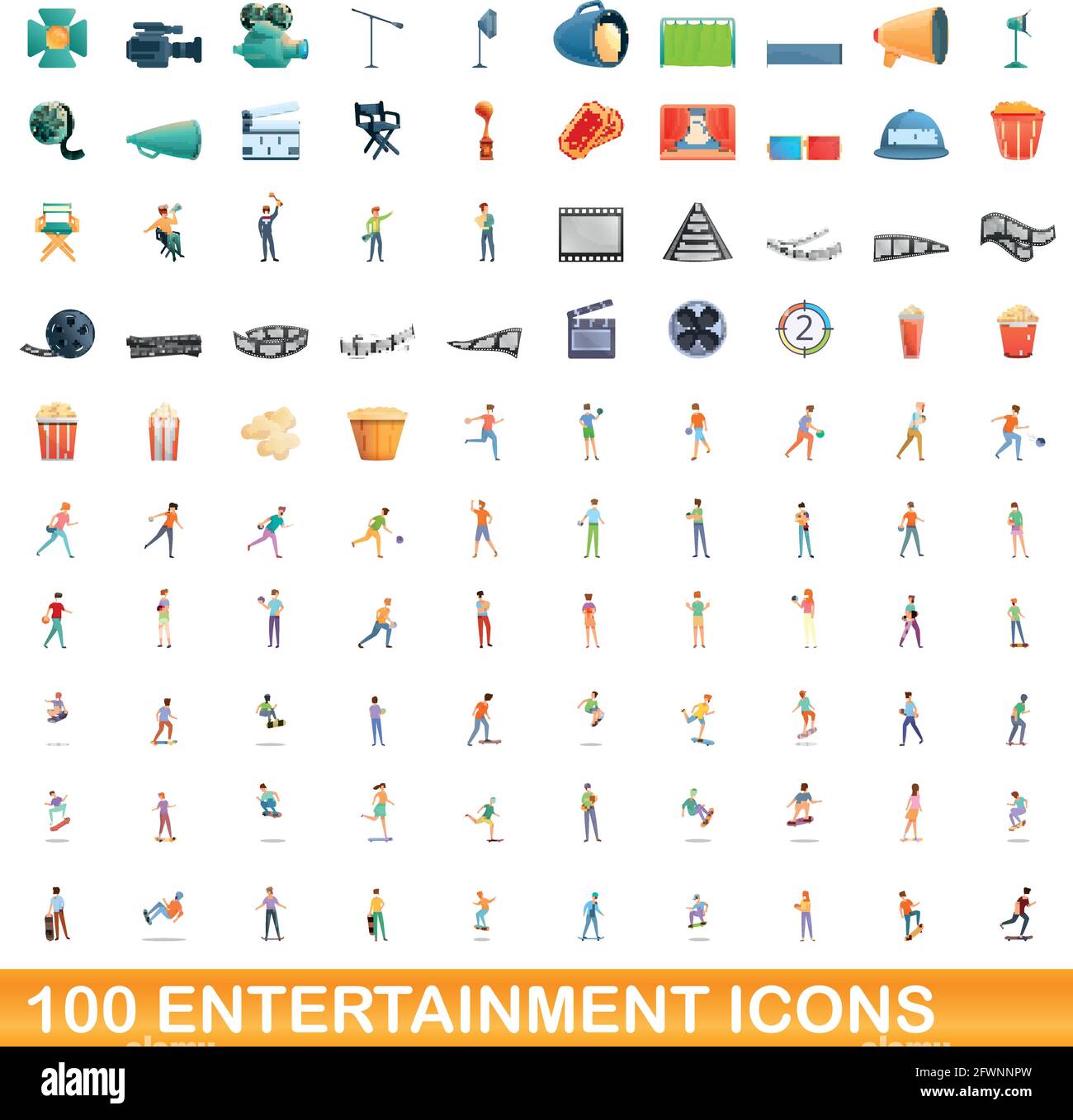 100 entertainment icons set. Cartoon illustration of 100 entertainment ...