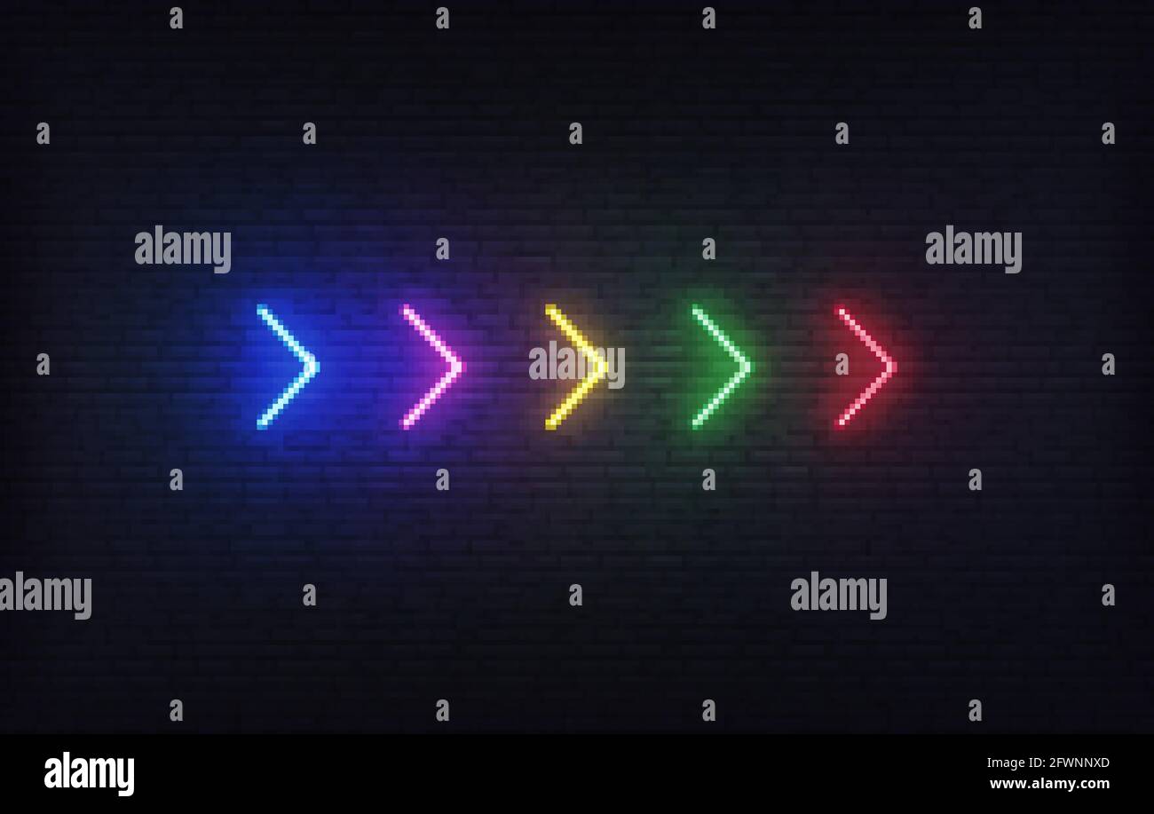 Neon futuristic arrow sign. Set of colorful glowing neon arrow pointer on brick wall background ...