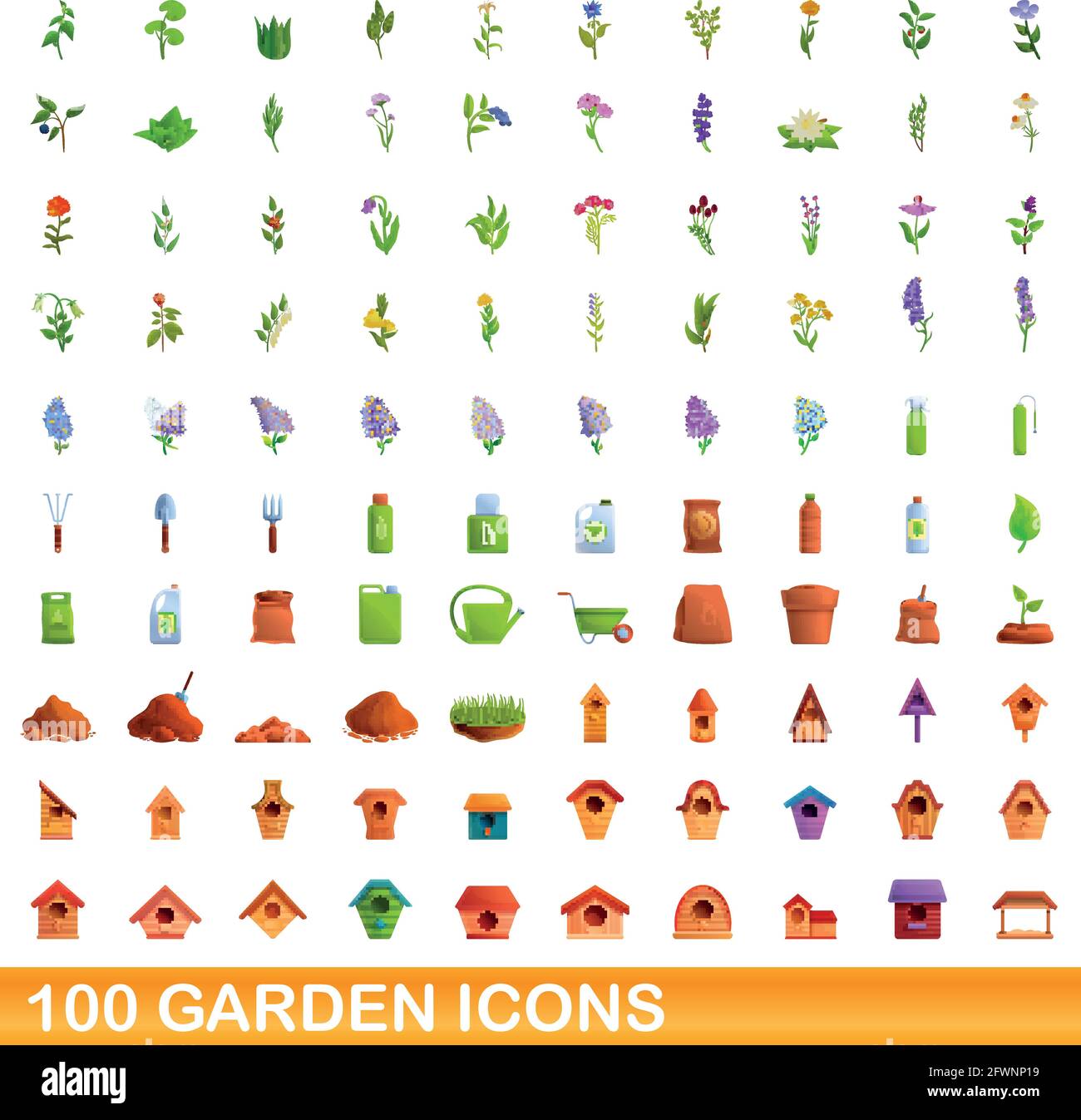 100 garden icons set. Cartoon illustration of 100 garden icons vector ...