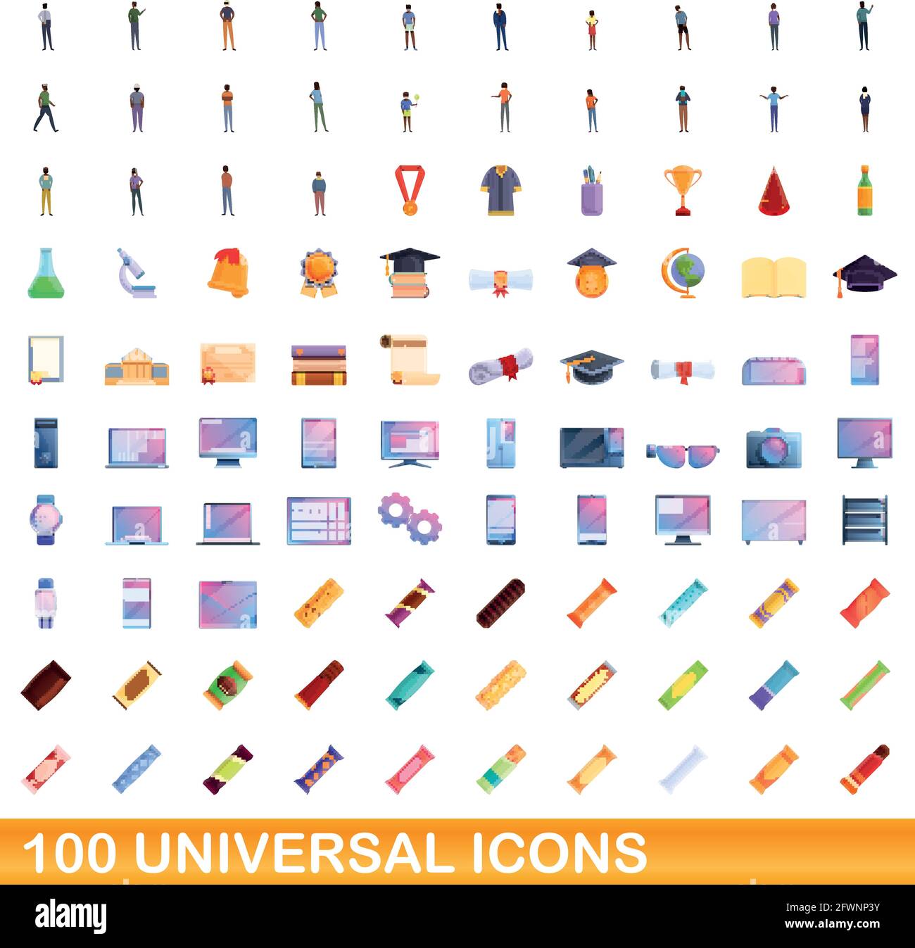 100 universal icons set. Cartoon illustration of 100 universal icons ...