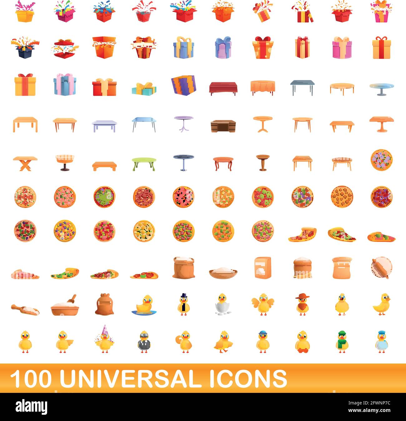 100 universal icons set. Cartoon illustration of 100 universal icons ...