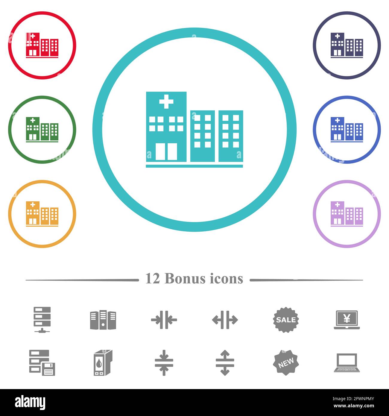 Hospital flat color icons in circle shape outlines. 12 bonus icons ...