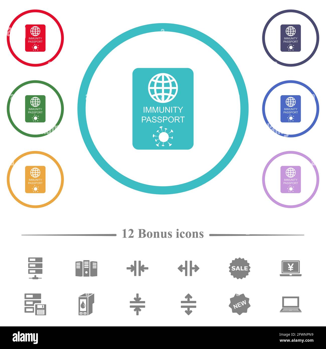 Immunity passport flat color icons in circle shape outlines. 12 bonus ...