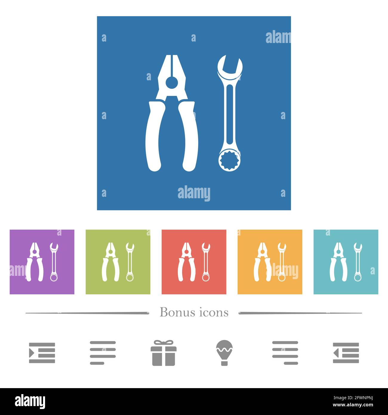Combined pliers and wrench flat white icons in square backgrounds. 6 ...