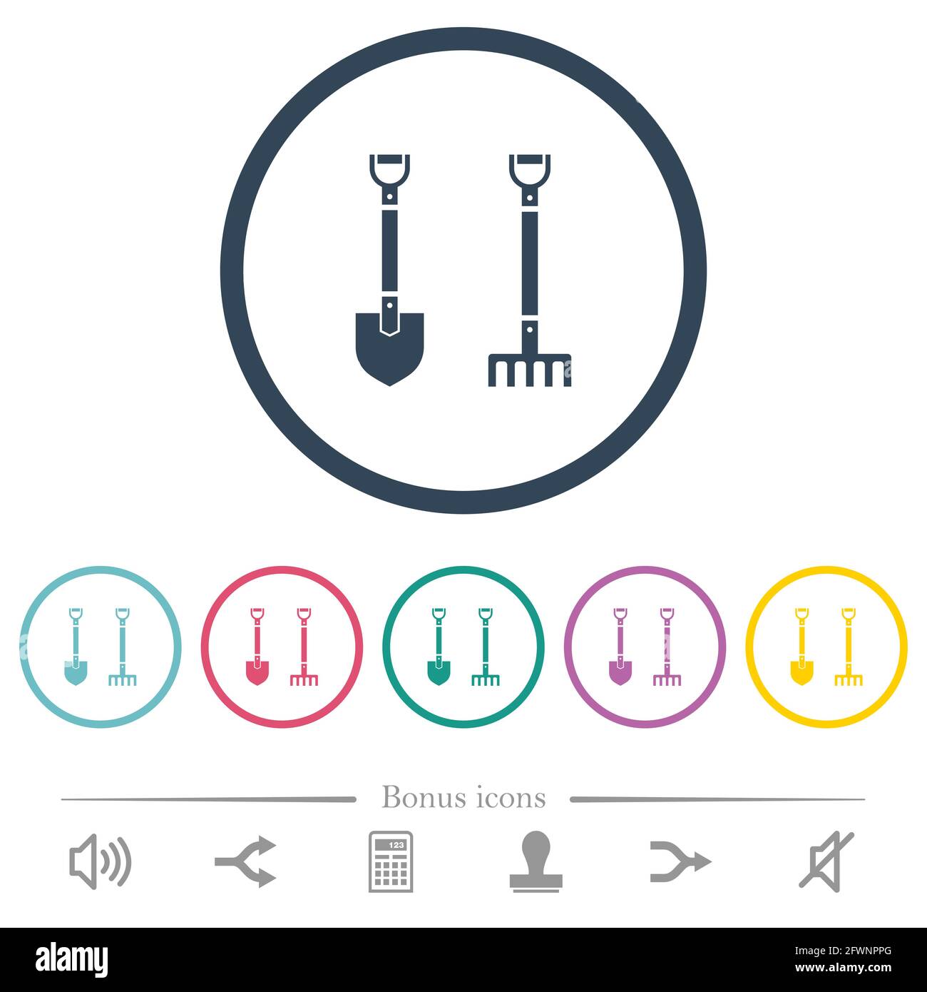 Shovel and rake flat color icons in round outlines. 6 bonus icons ...