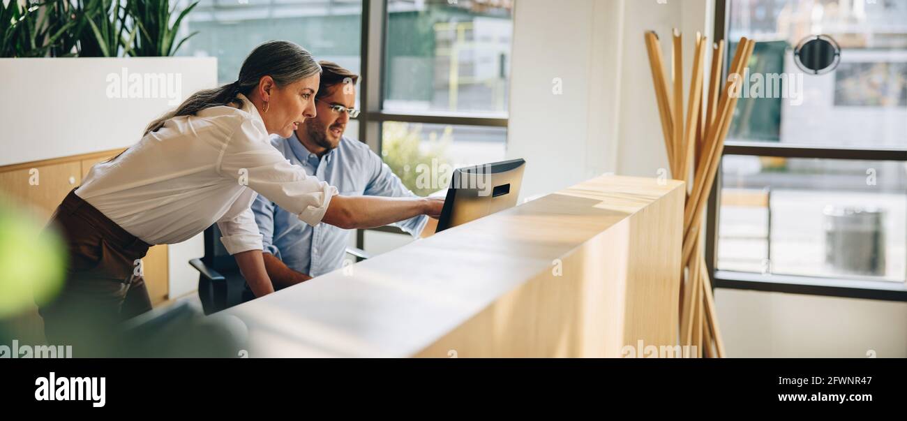 Manager working with colleague and pointing at computer screen. Woman ...