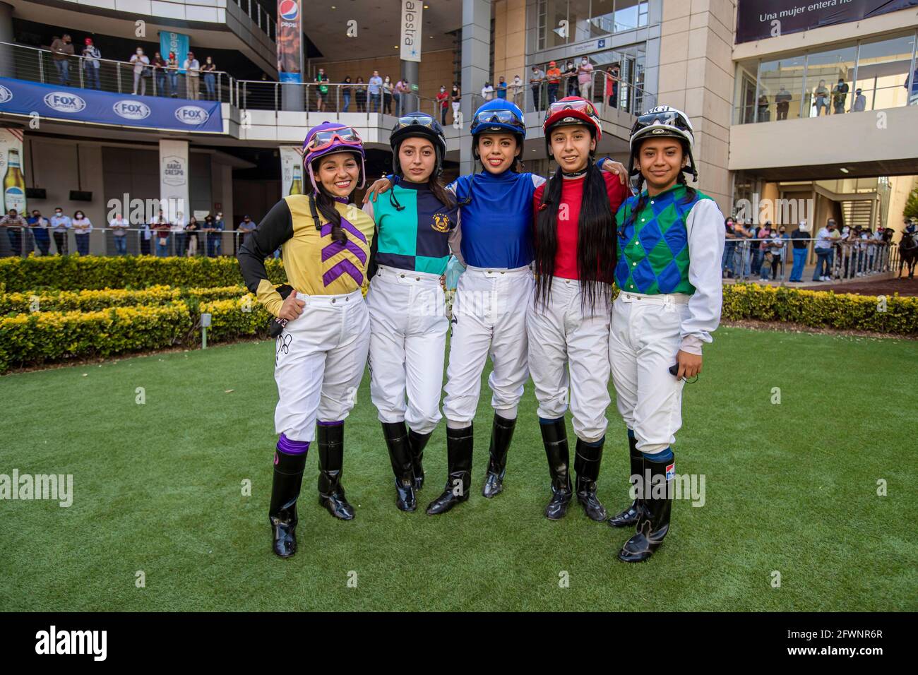 MEXICO CITY, MEXICO - MAY 22: Jockeys poses for photos during the First ...