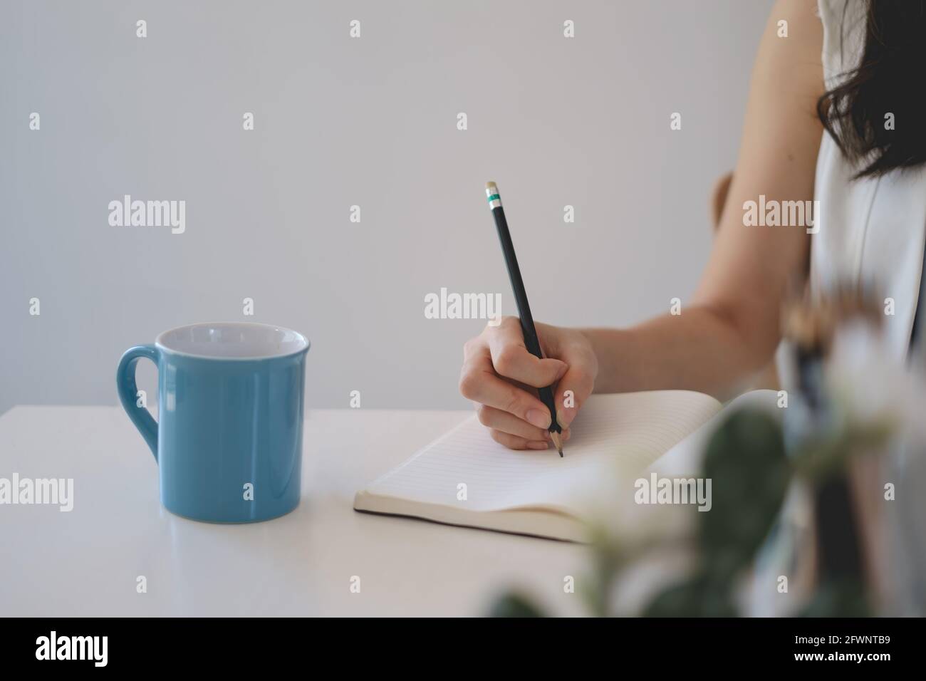 Young female college taking notes and using highlighter. Focused ...