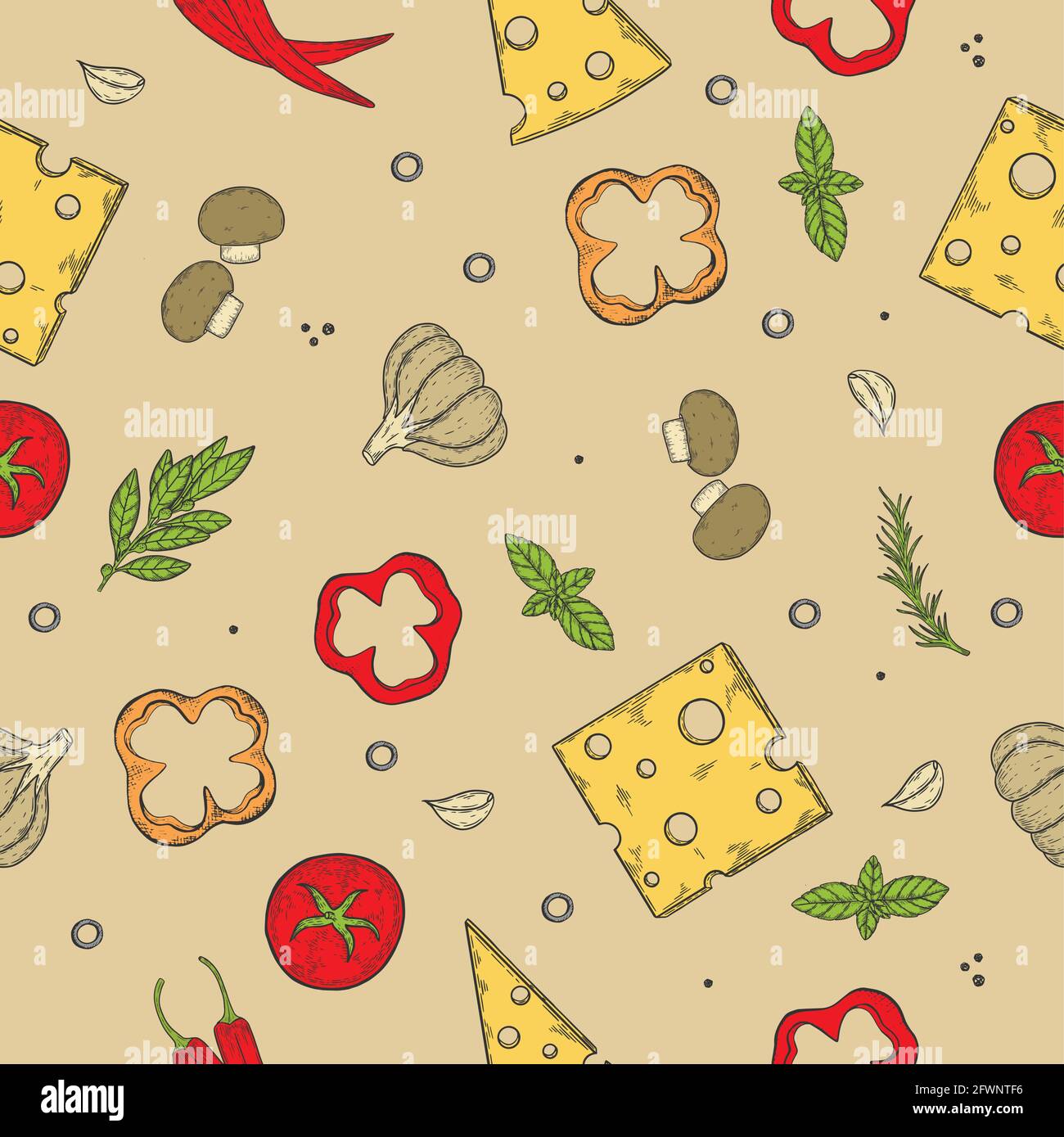 Seamless texture. Vector color image of a pizza. Slices with various ...