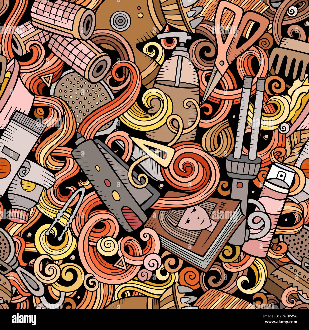 Hair Salon hand drawn doodles seamless pattern. Hairstyle background ...