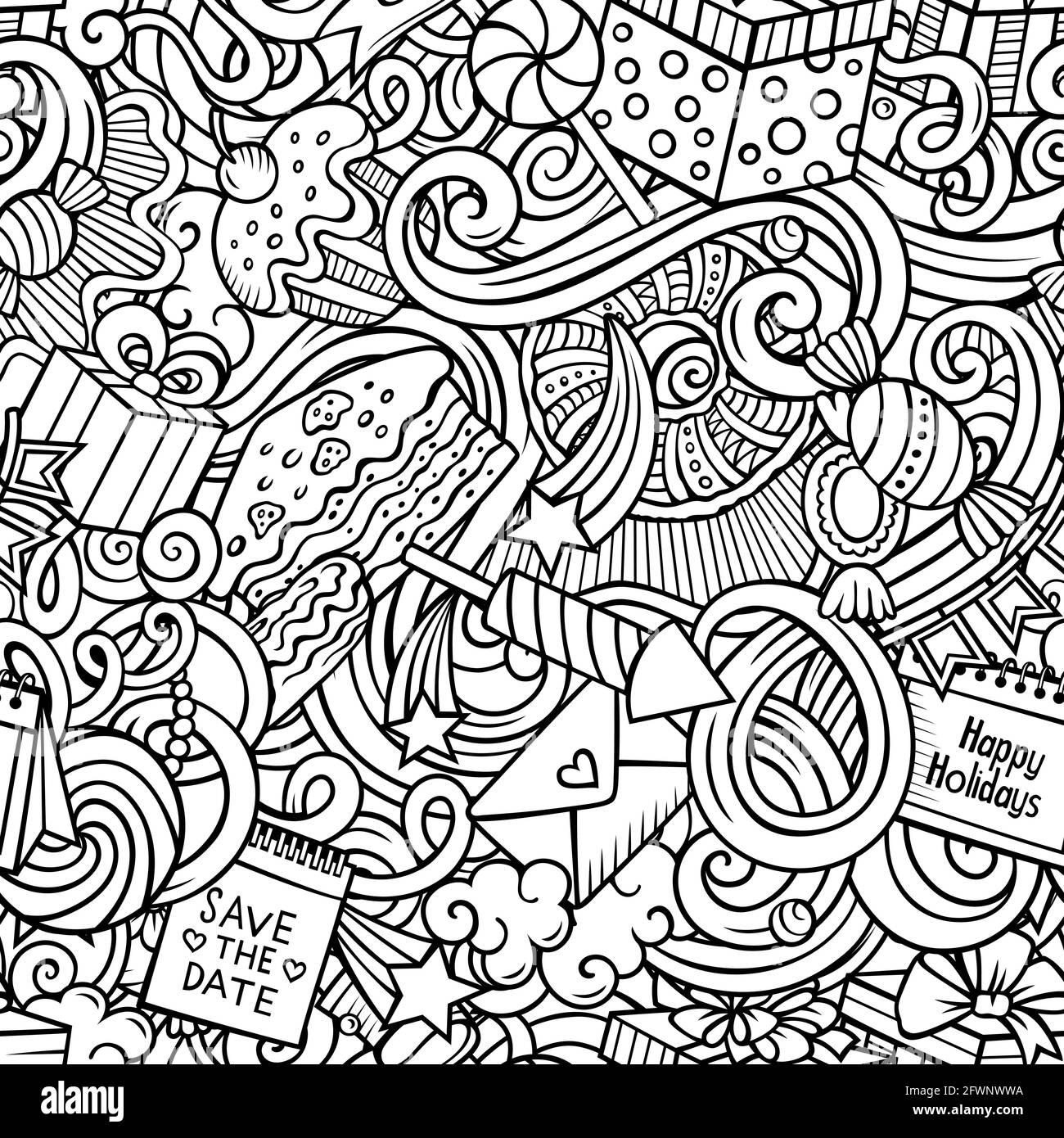 Happy Birthday hand drawn doodles seamless pattern Stock Vector Image ...