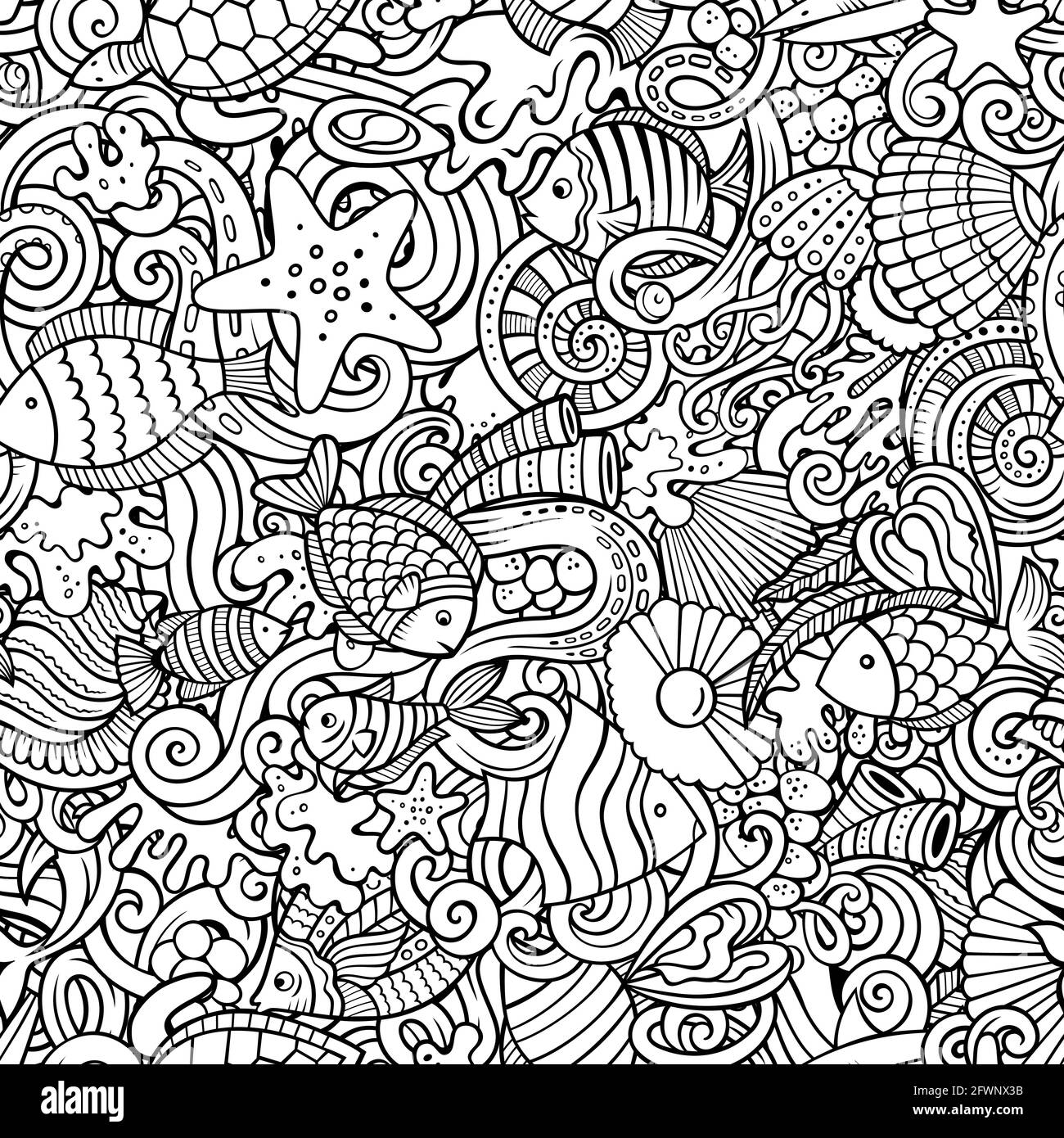 Seafood fish seamless cartoon Black and White Stock Photos & Images - Alamy