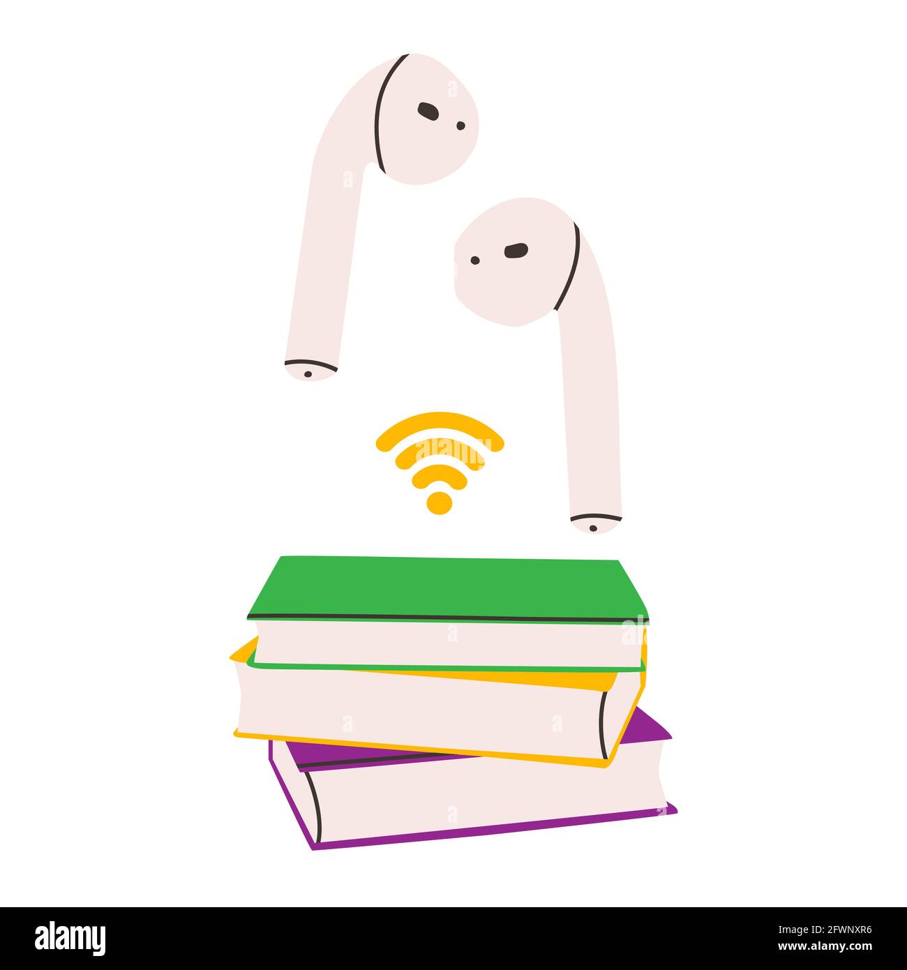 Audiobook concept. Vector illustration of a stack of books and wireless ...