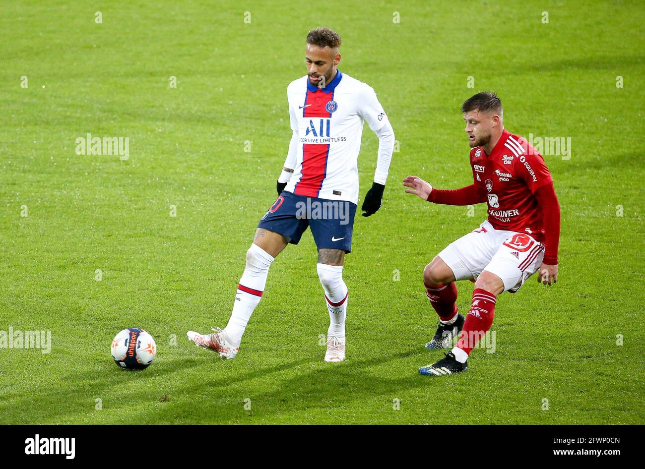 Neymar Jr of PSG, Hugo Magnetti of Brest during the French championship ...
