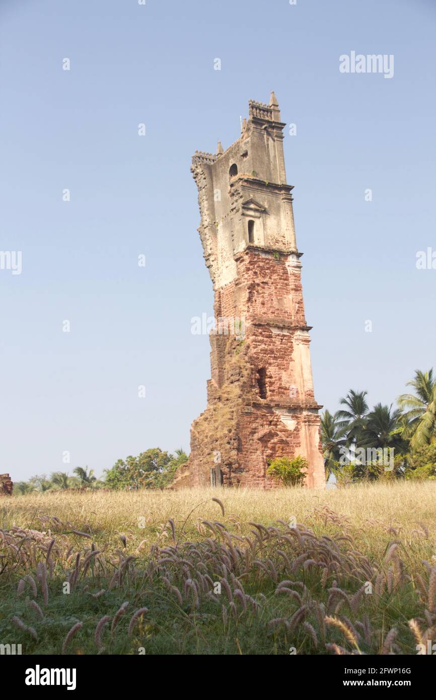 A ruin of an old broken destroyed Portuguese church in Goa in India ...