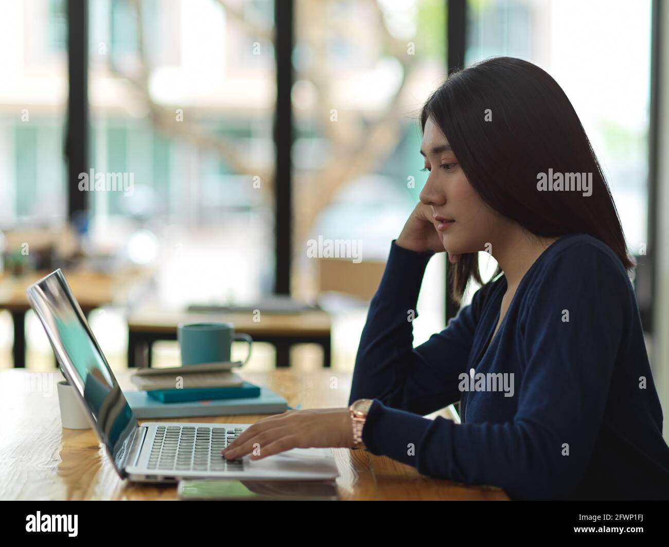 Side view of female university student doing assignment with laptop in ...