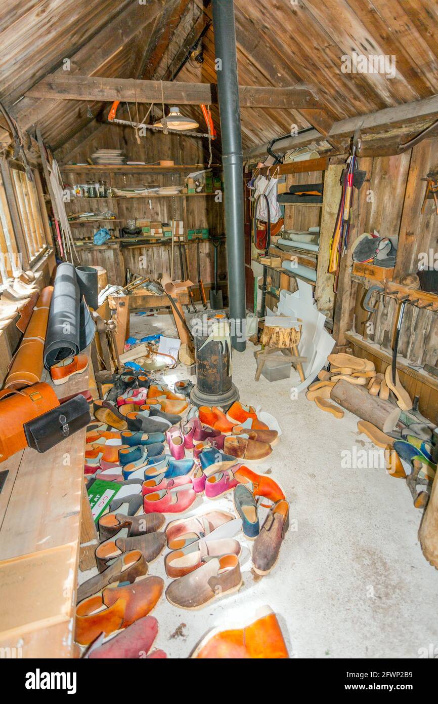 Interior of 1960 Ysgeifiog Clogmakers Workshop at the St Fagans ...