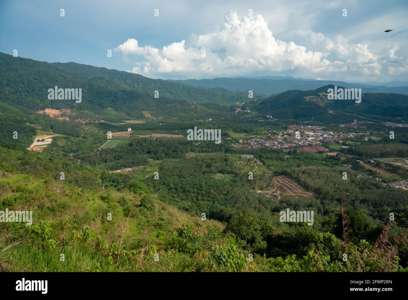 Summer mountains green grass, blue sky and village landscape, view from ...
