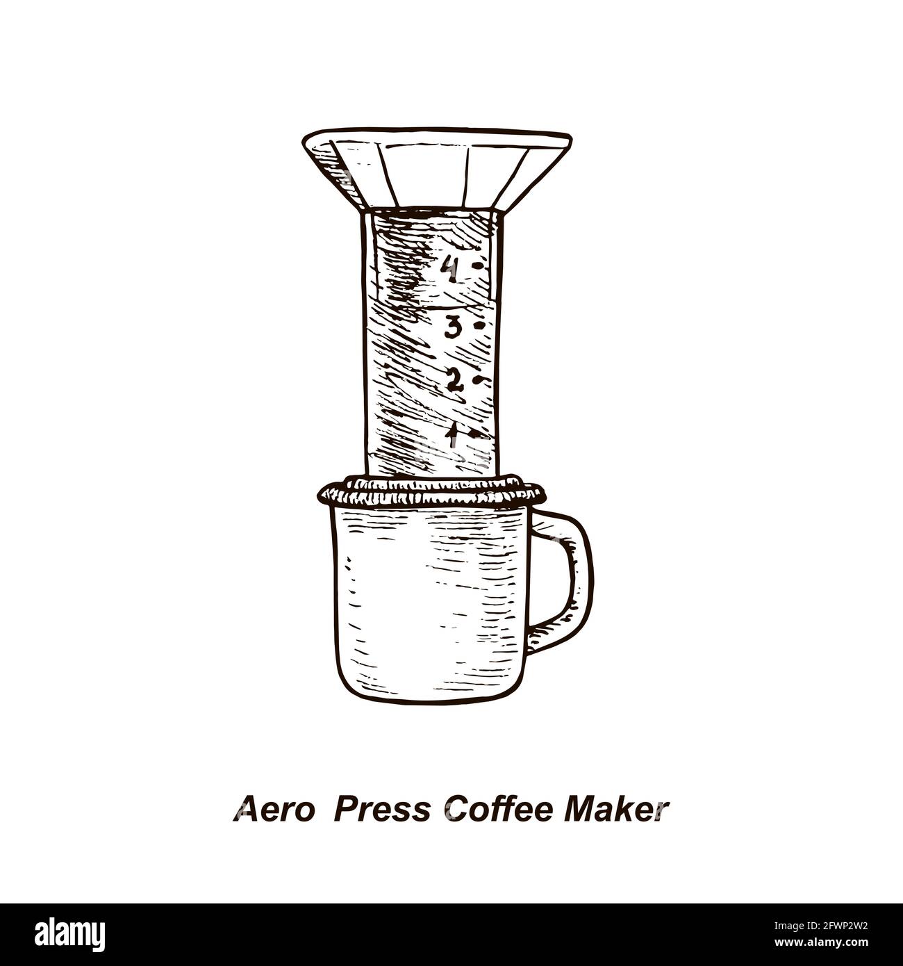 AeroPress Coffee Maker, gravure style ink drawing illustration with ...