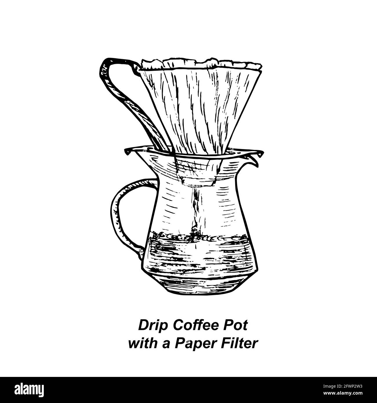 Drip Coffee Pot with a Paper Filter, gravure style ink drawing ...