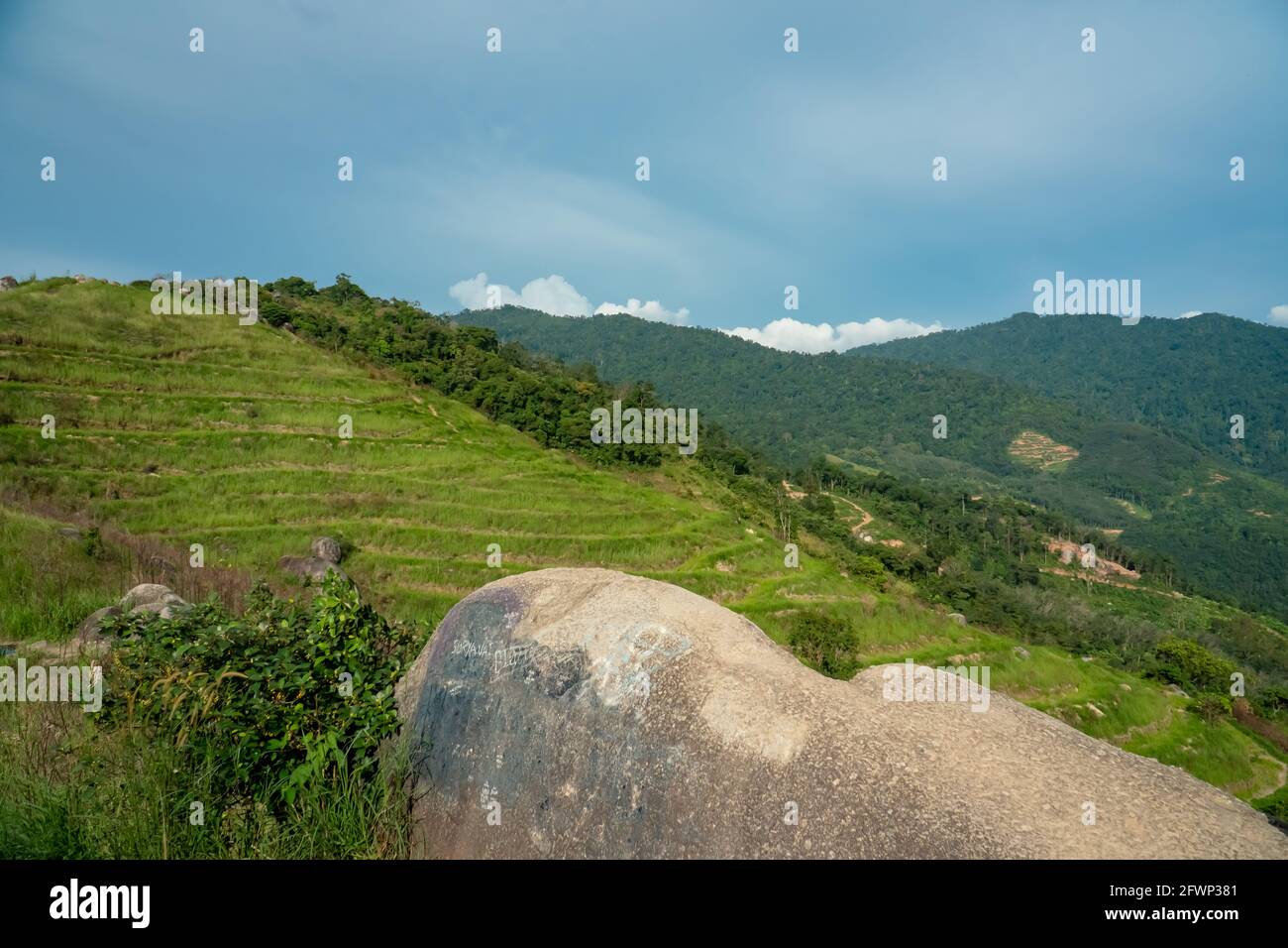 Beautiful mountains landscape with green grass blue sky rock stone ...