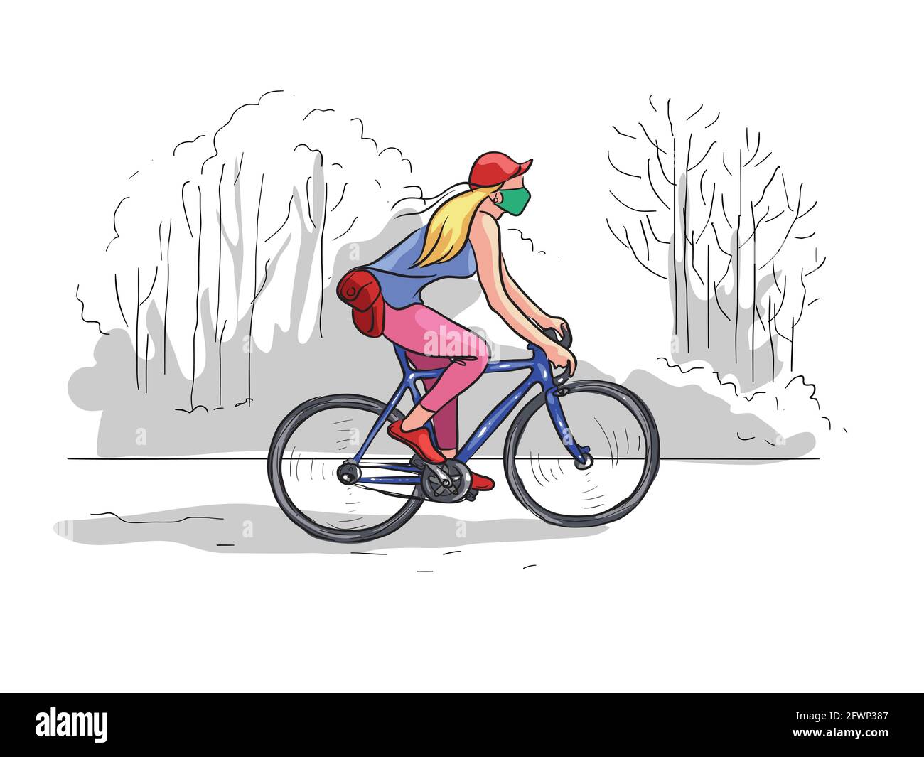 Girl riding bicycle and wearing face mask vector illustration Stock ...