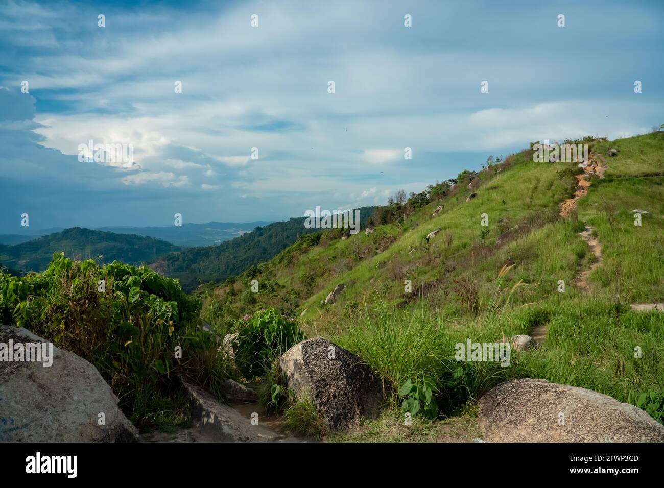 Beautiful mountain landscape with green grass blue sky rock stone ...