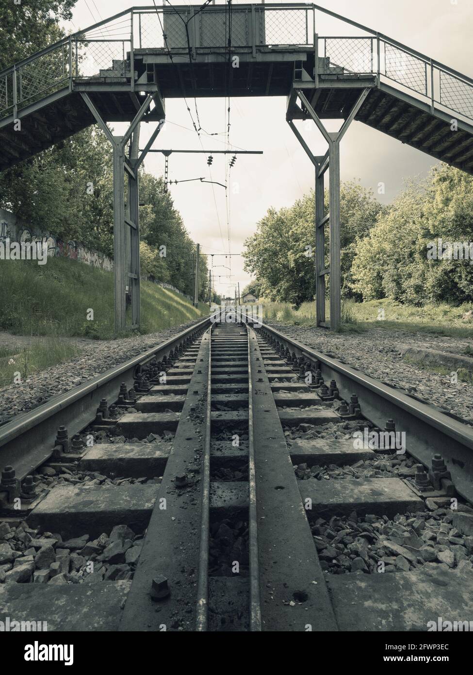 Vertical vintage image of old railroad or railway track. Selective ...