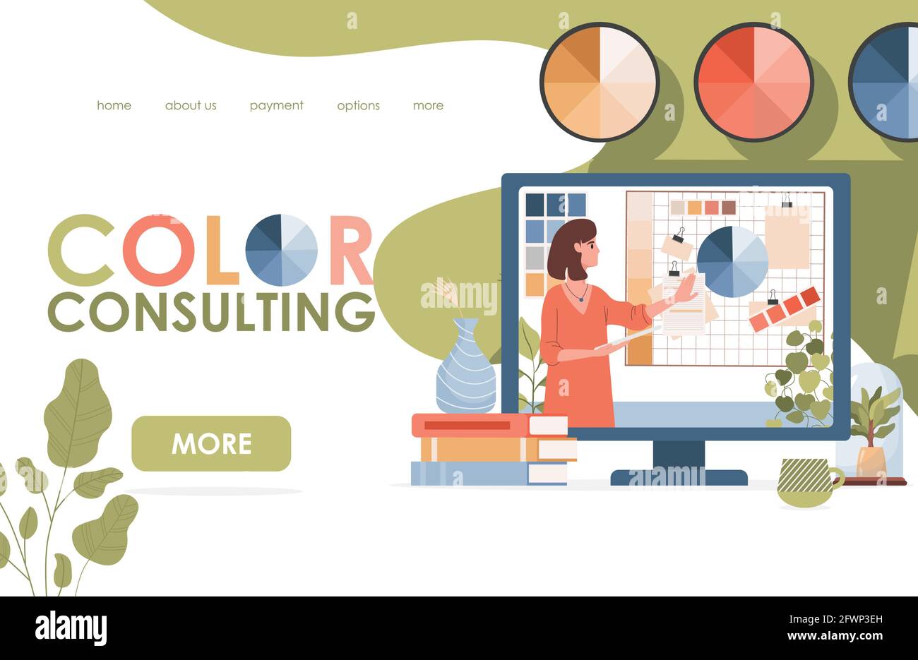 Color consulting vector flat landing page template. Young pretty woman ...