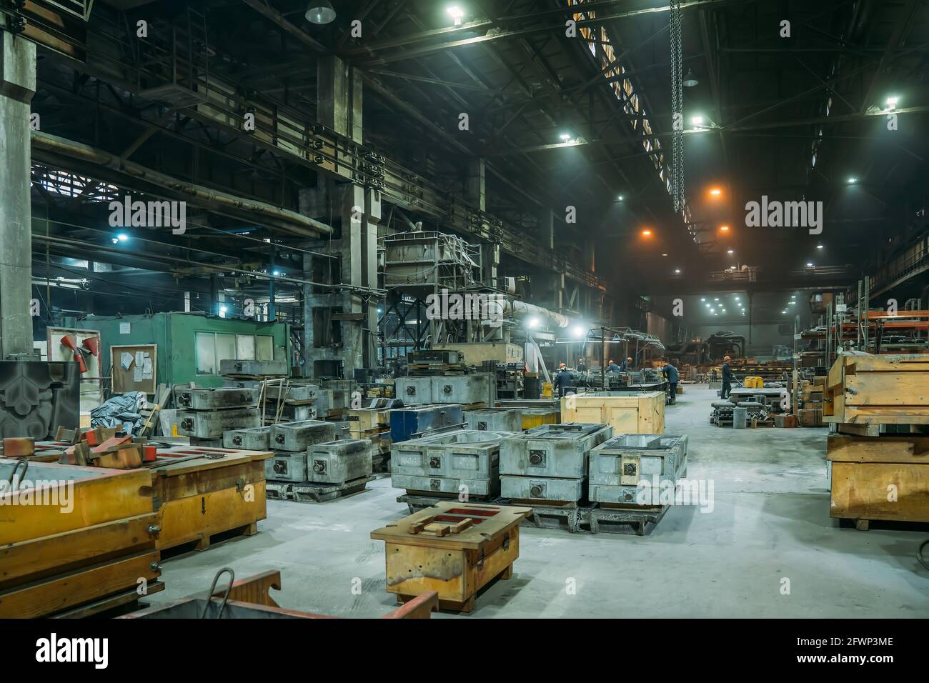 Steel Factory with workers in process of work, industrial interior ...