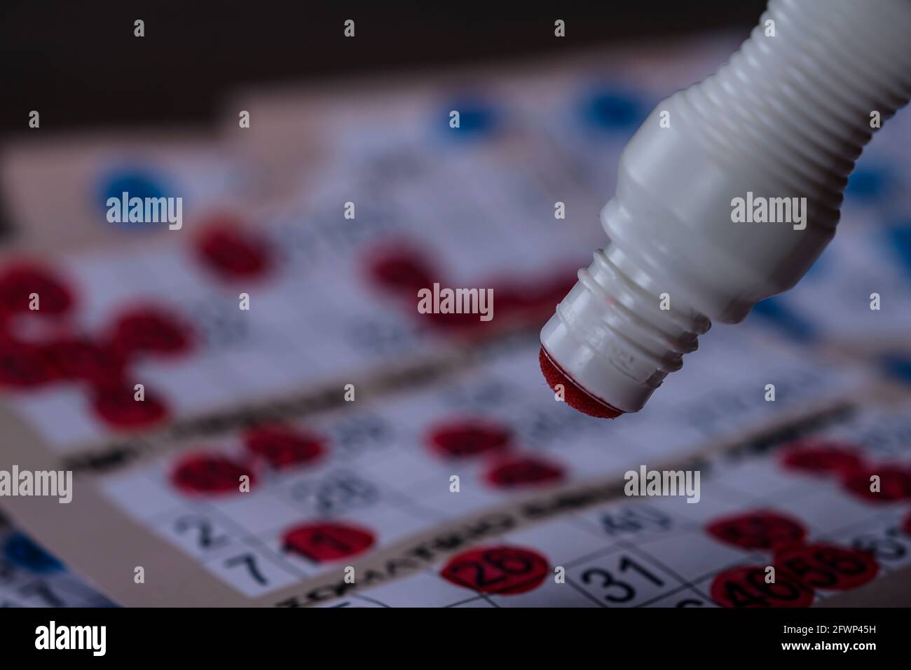 Playing Bingo. Marking numbers with red marker Stock Photo - Alamy