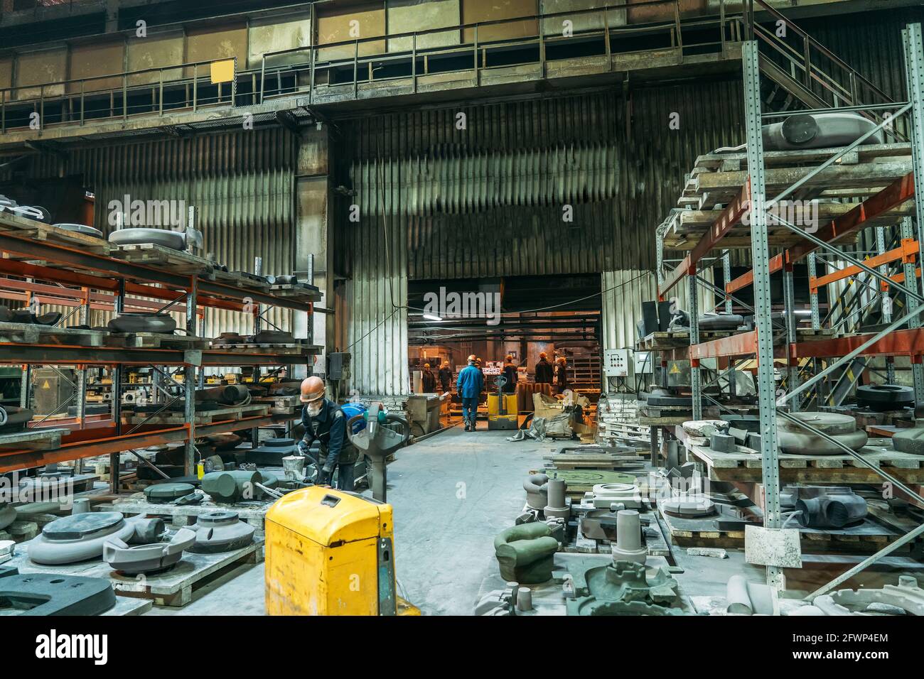 Steel Factory with workers in process of work, industrial interior ...