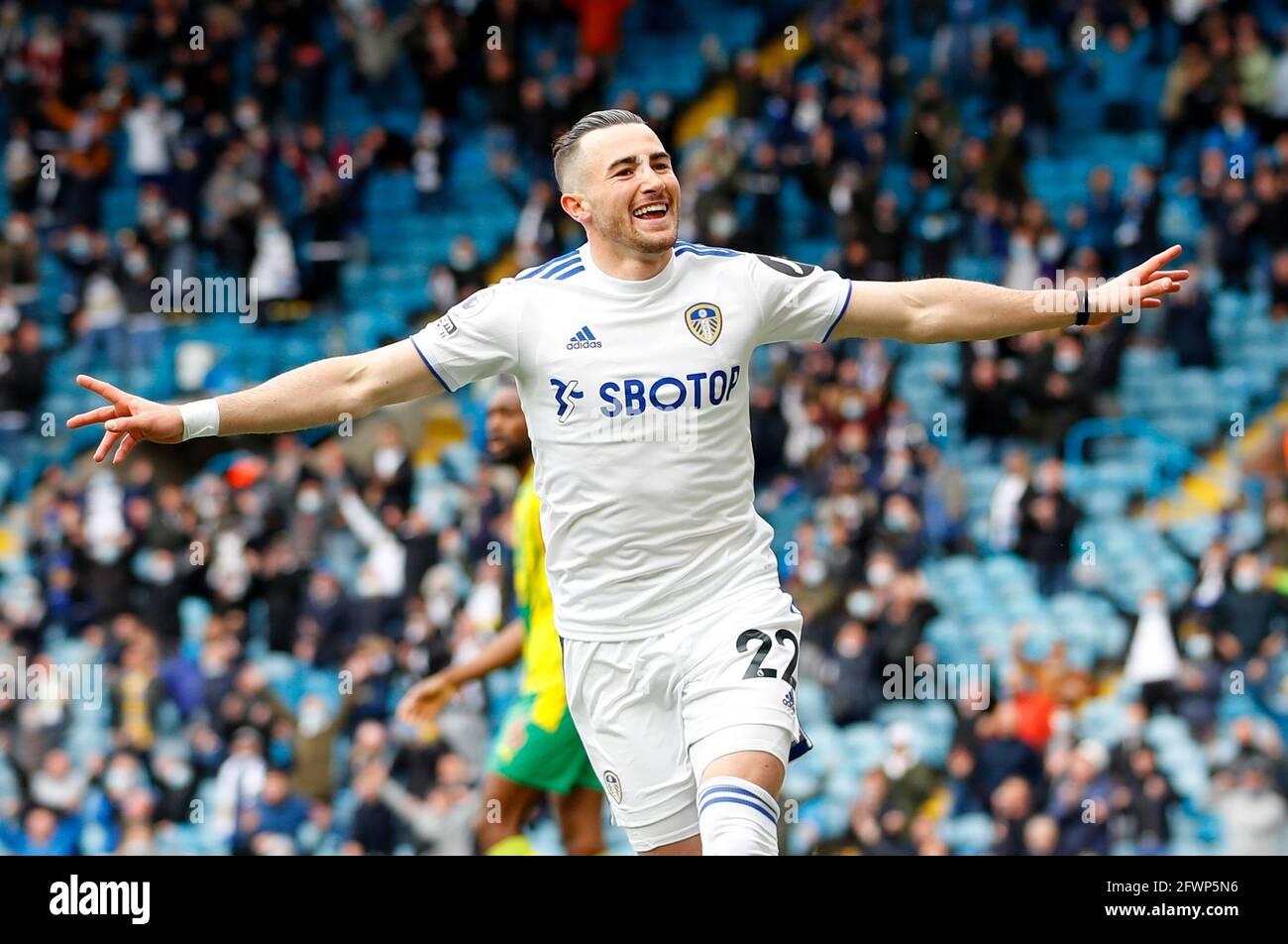 Leeds United's Jack Harrison celebrates scoring a goal that is caught ...