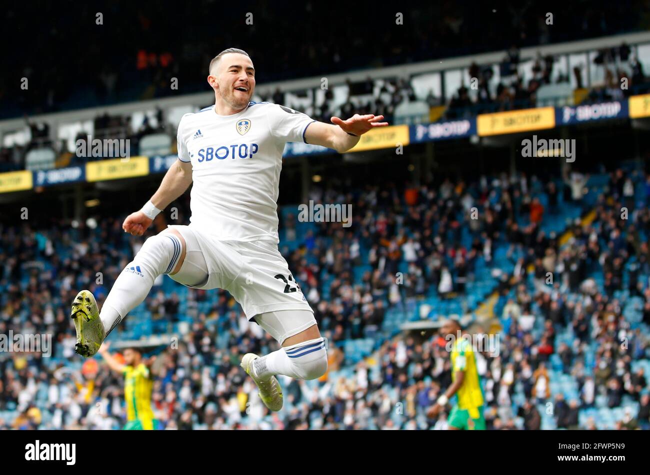 Leeds United's Jack Harrison celebrates scoring a goal that is caught ...