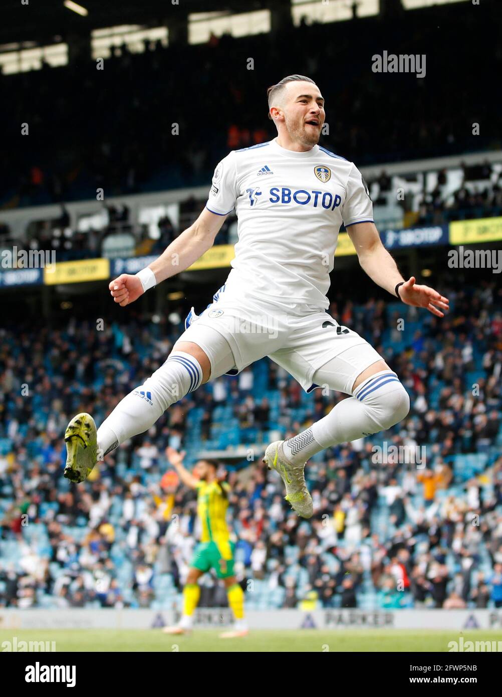 Leeds United's Jack Harrison celebrates scoring a goal that is caught ...