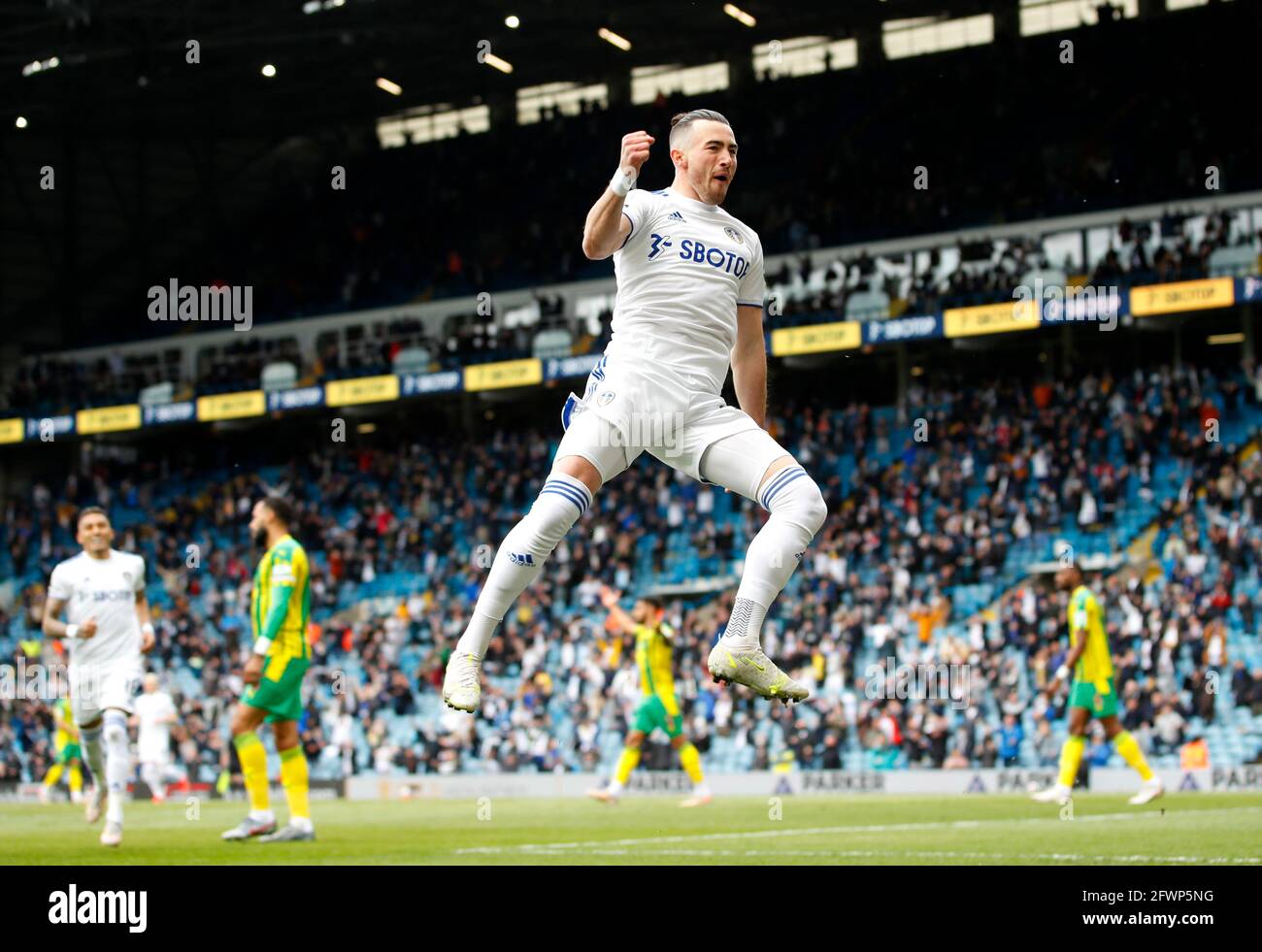 Leeds United's Jack Harrison celebrates scoring a goal that is caught ...