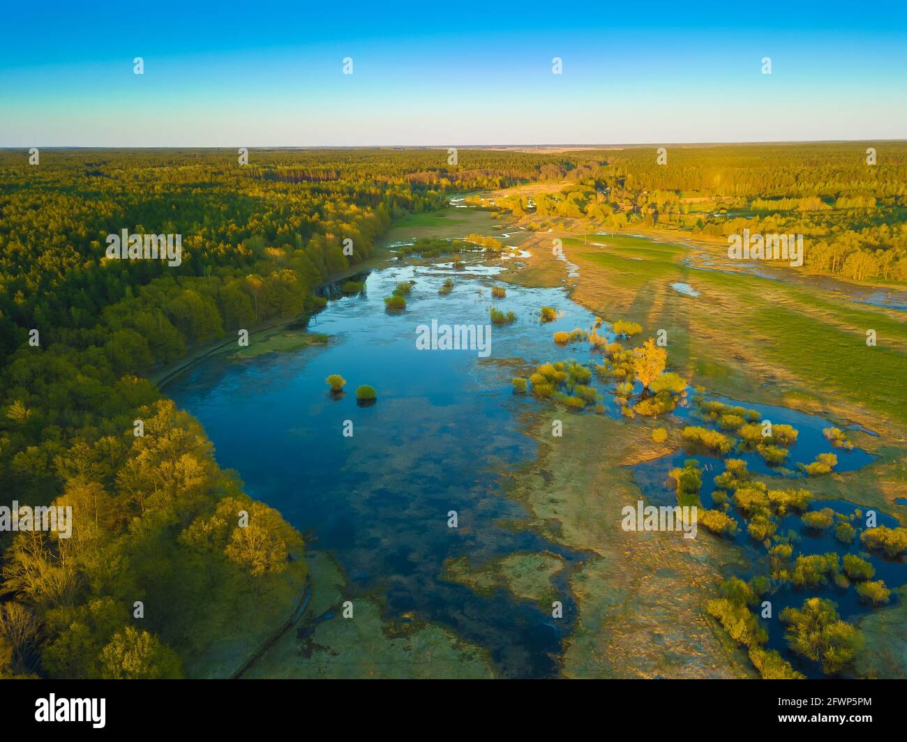 View from the drone on the flood meadows. Beautiful landscape on flood ...