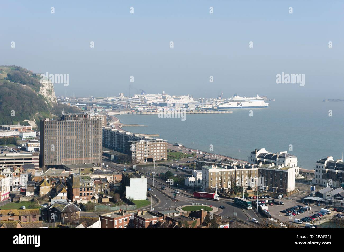 A view across Dover, with the ferry port in the background photographed ...